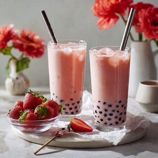 Strawberry Milk Tea with Fresh Strawberry Syrup & Chewy Boba